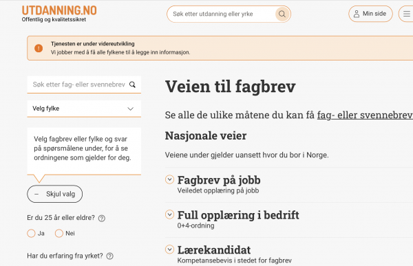 Skjermdump av verktøyet Veien til fagbrev på Utdanning.no.